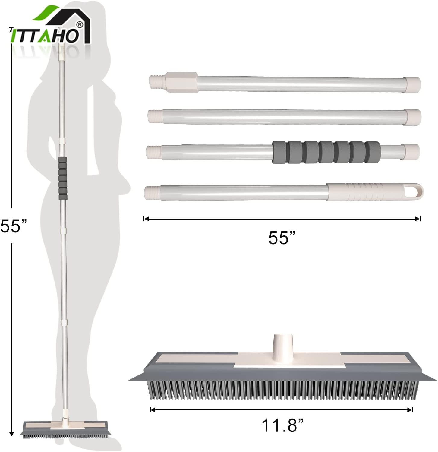 ITTAHO Rubber Broom Carpet Rake with Silicone Squeegee for Removing Du