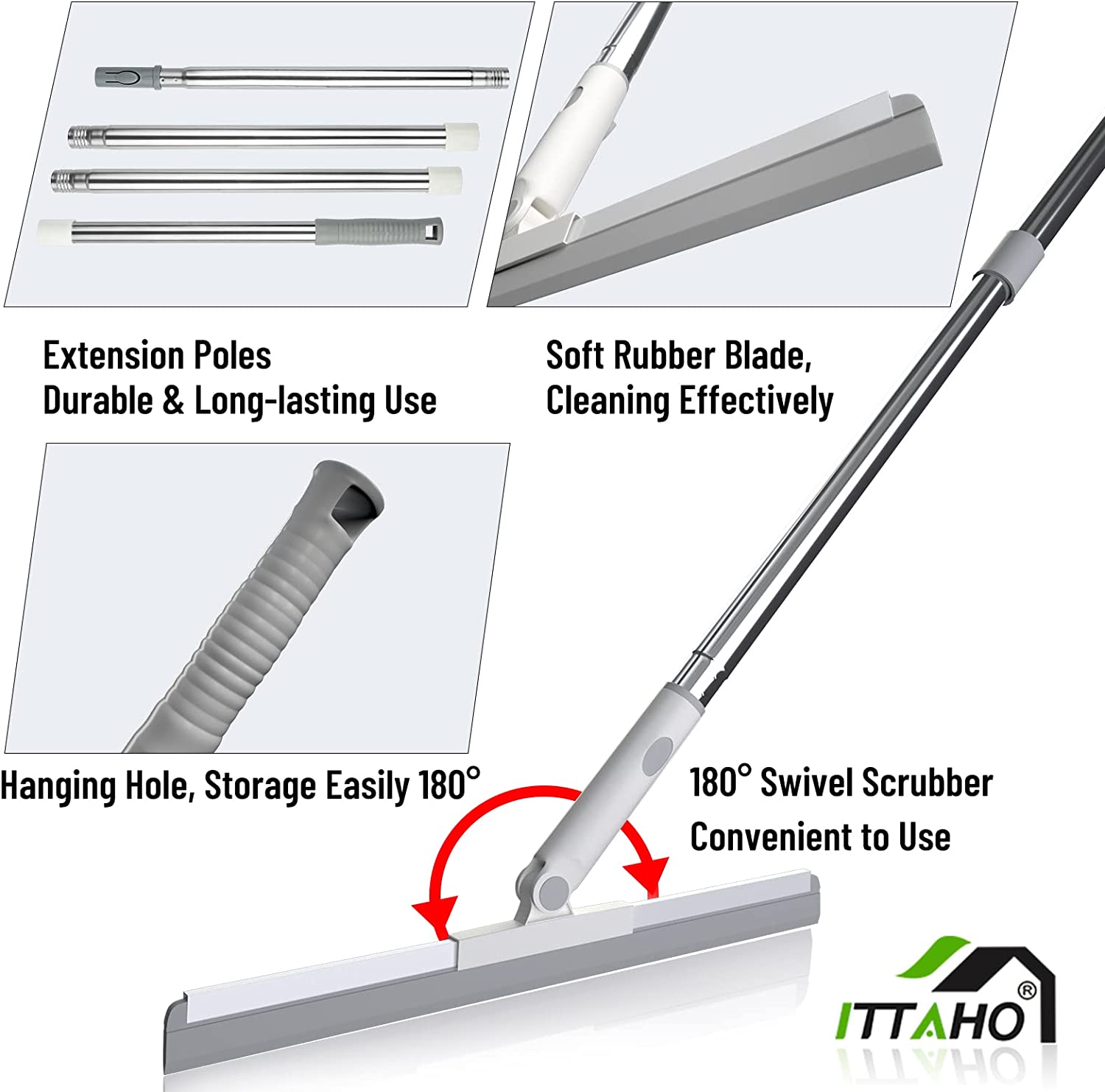 ITTAHO Floor Squeegee with Adjustable Long Handle, Water Cleaning Sili