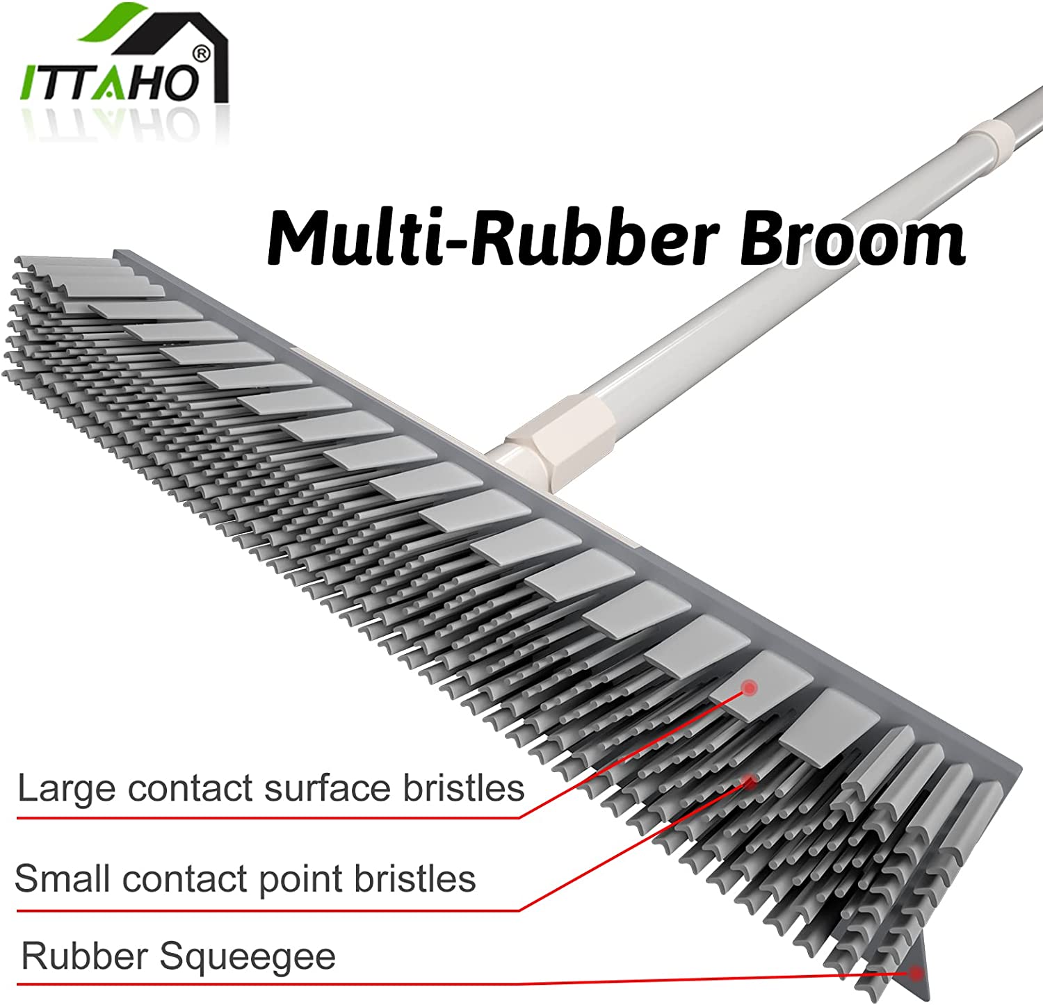 ITTAHO Rubber Broom Carpet Rake with Silicone Squeegee for Removing Du