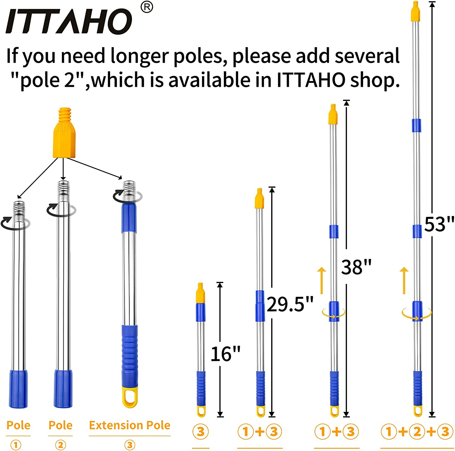 Adjustable 3 Piece Extendable Pole with 2 Type of Removable Adaptors ...